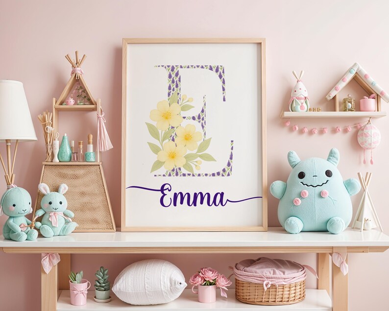 Floral Letter E Name Print: Personalized Girl Nursery Decor (digital ...