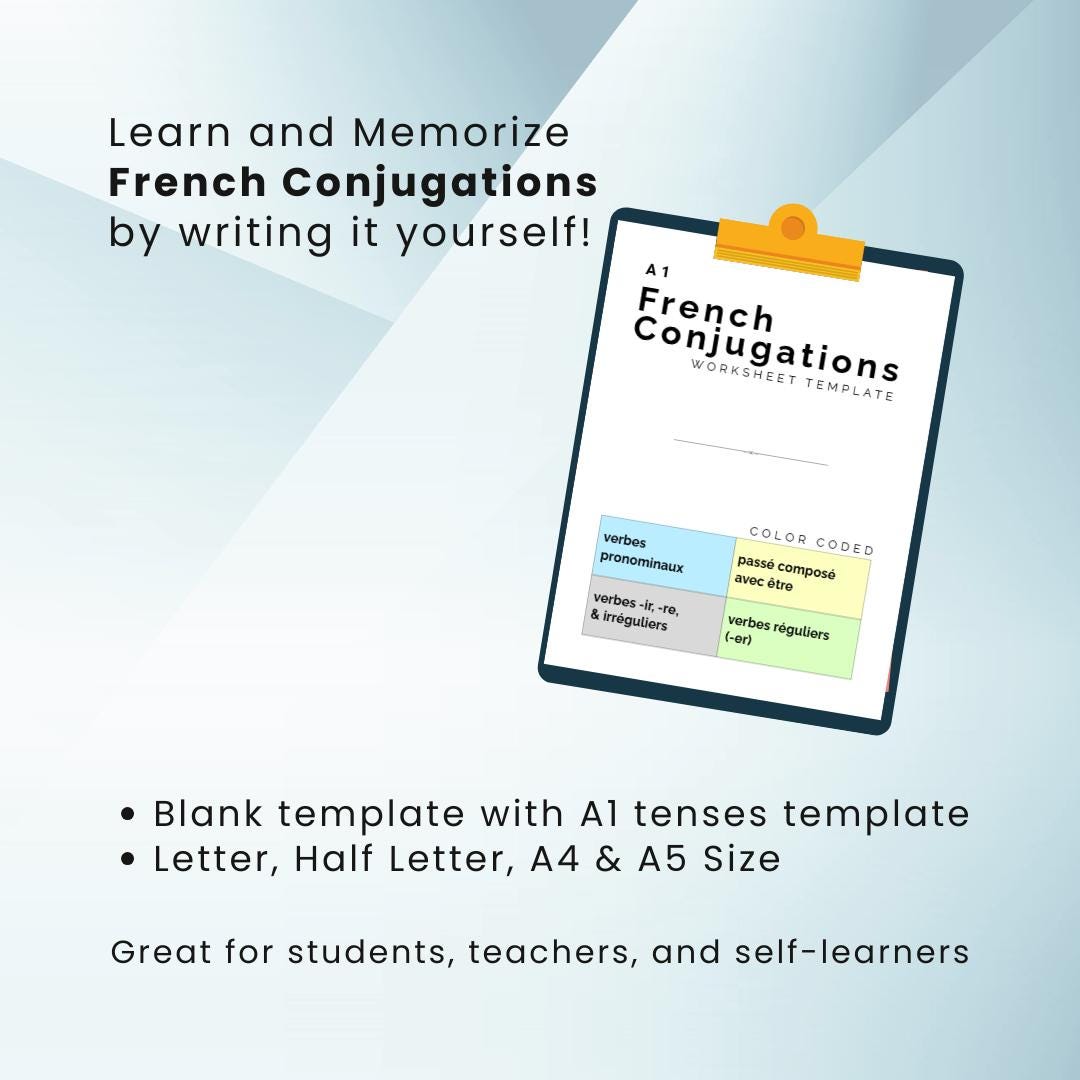 French Conjugation Worksheet Template | Blank PDF Practice Sheet for A1 ...