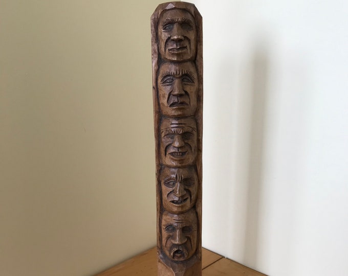 Hand Carved 2-sided Wood Statue Men's Facial Expressions Emotions 13.5 ...