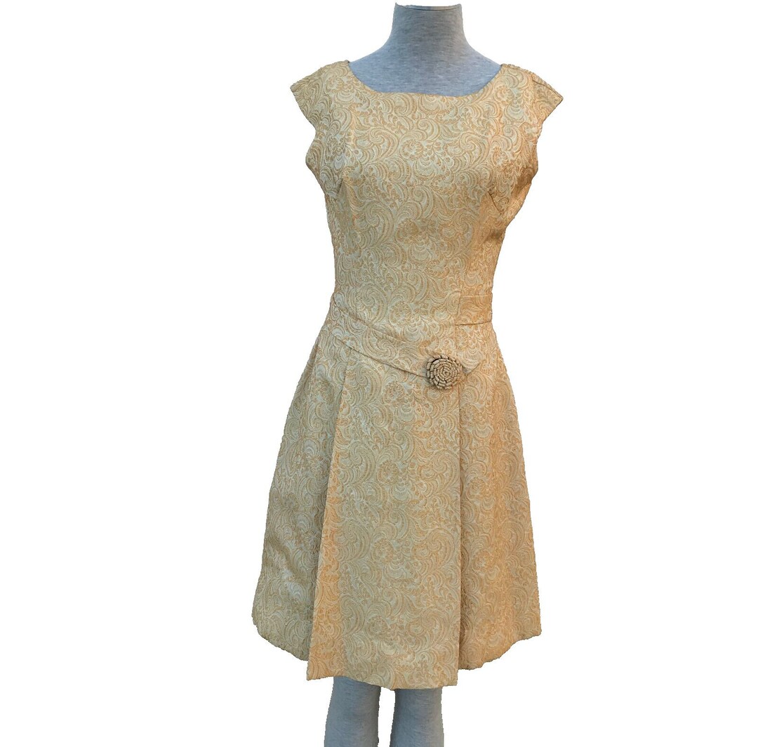 Francis Gale Gold Metallic Brocade Dress Asymmetric Waist Detail ...