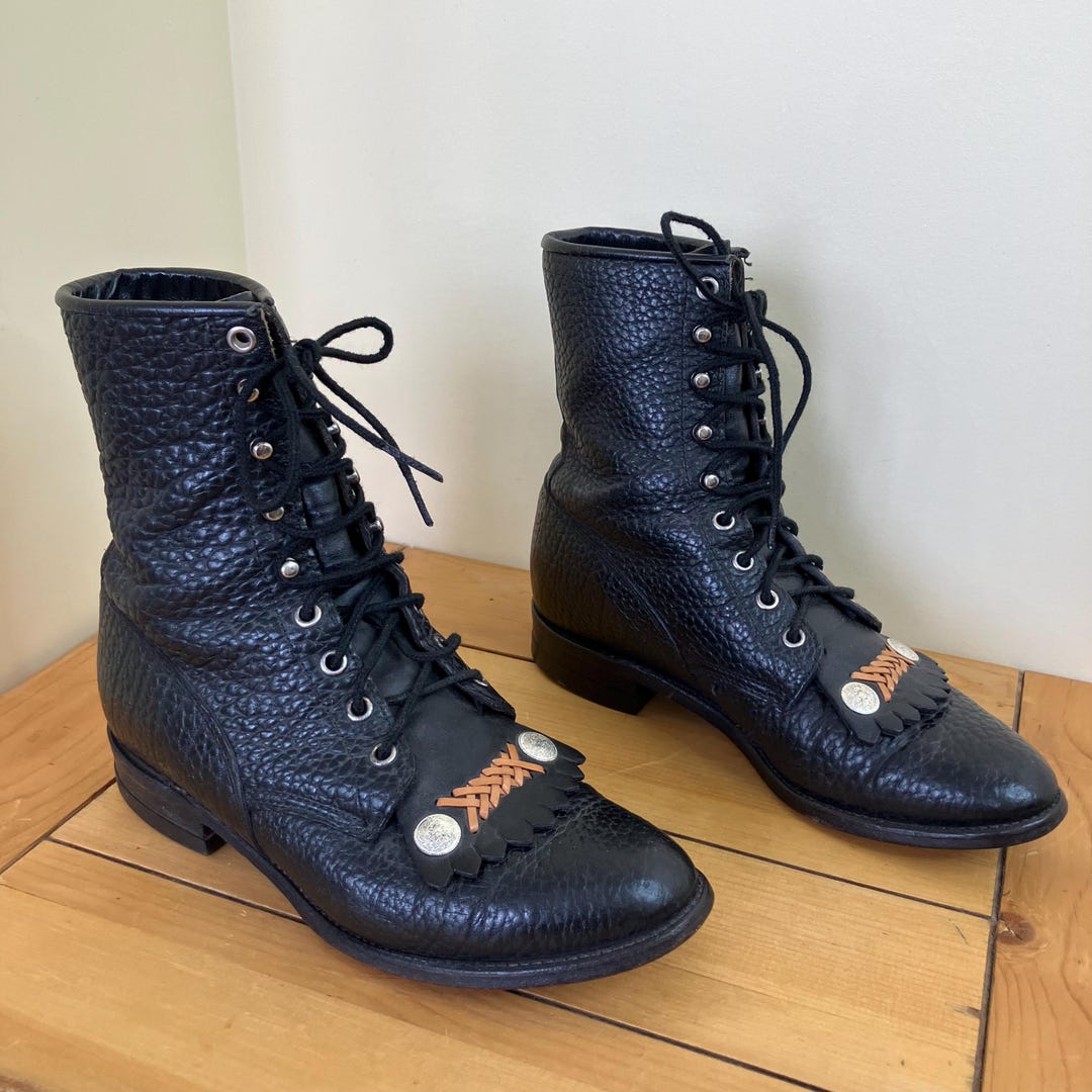 Justin Bullhide Leather Lace-up Boots Roper Style With Decorated Kiltie ...