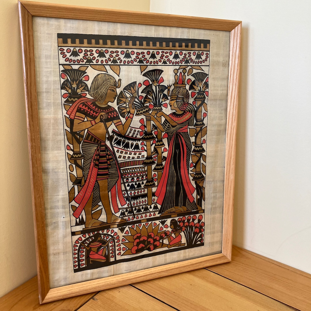 Egyptian Papyrus Framed Painting King Tut Wedding Art Wood Frame 12x15 ...