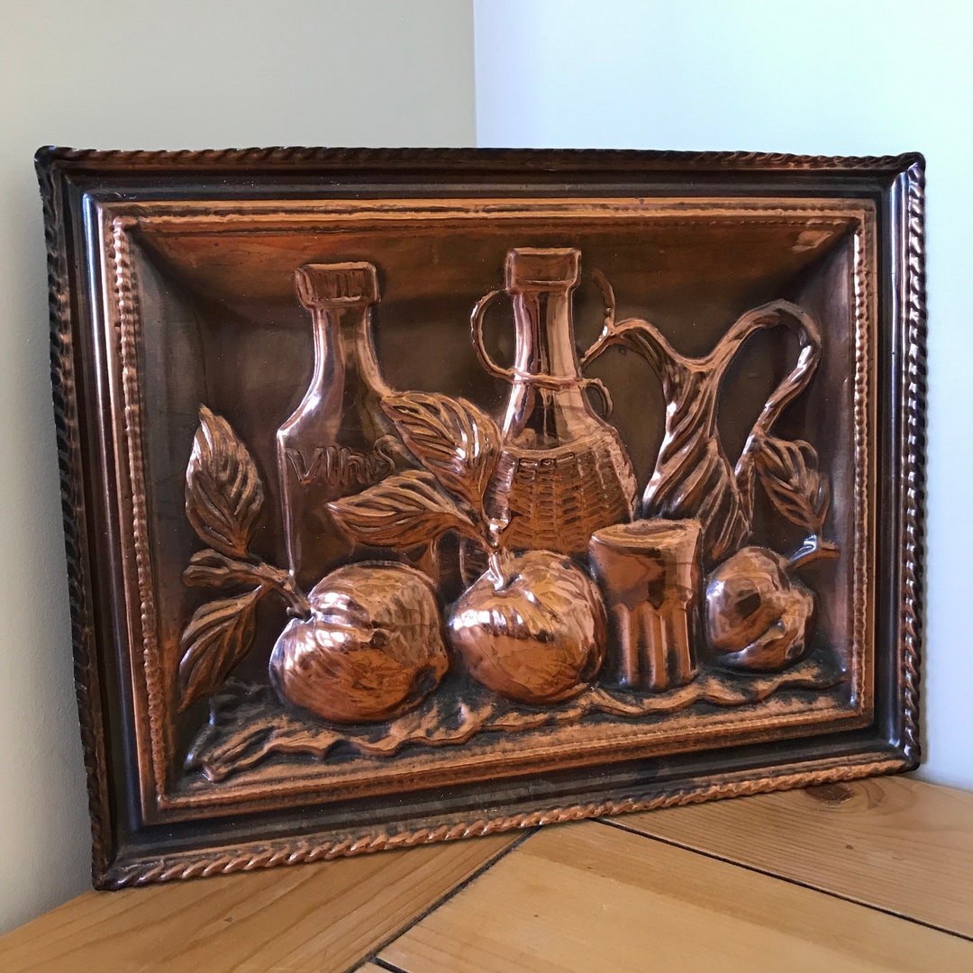 Still Life Vino Fruit Embossed Copper Picture Repousse Vintage Made in ...