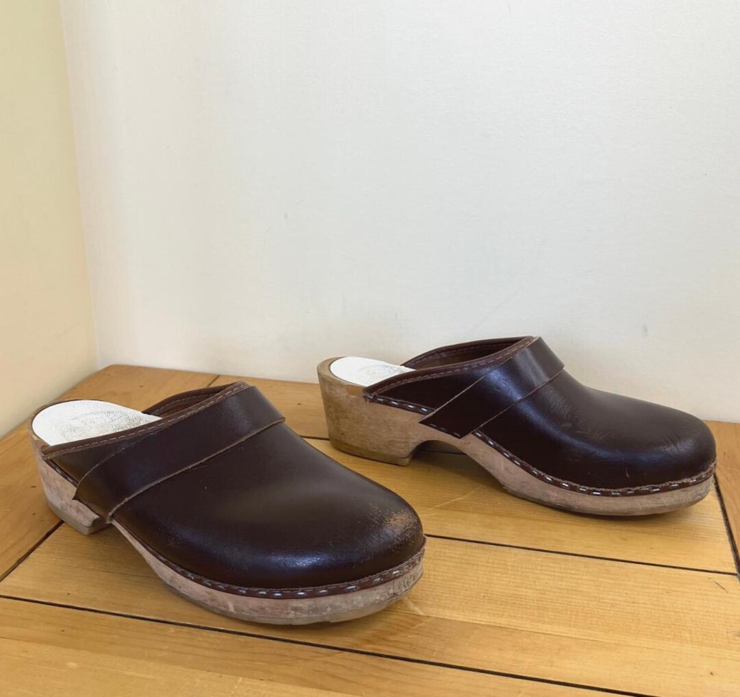 Brown Leather Wood Clogs Swedish Vintage Scandinavian Clog Shoes EU 38 ...