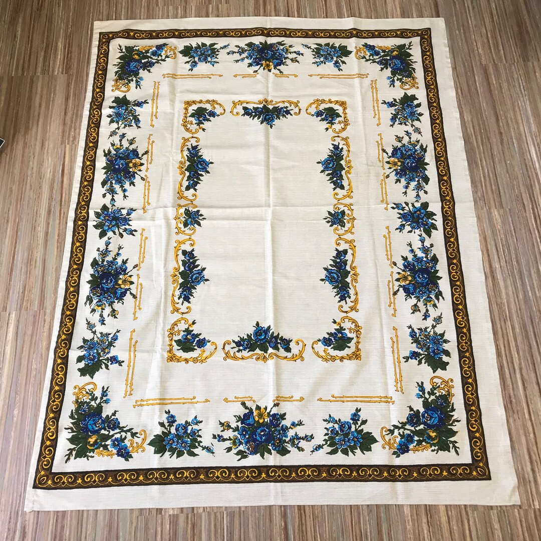 Cotton Tablecloth Made in Brazil Vintage Beige With Blue and - Etsy