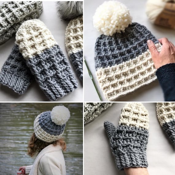 CROCHET PATTERN BUNDLE Chunky Waffle Stitch Hat and Mitten - Etsy