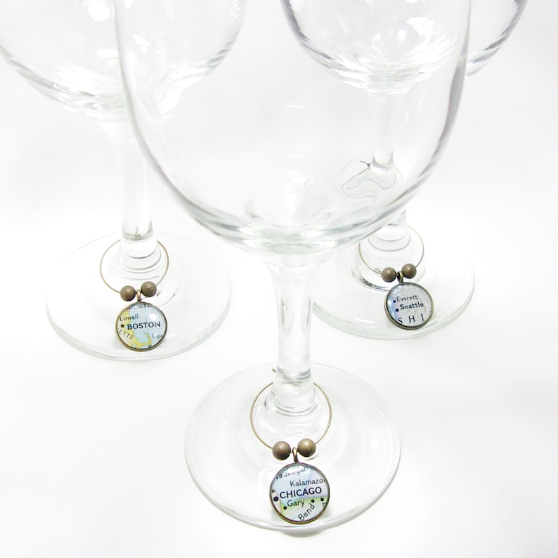 Set of Six. CUSTOM Vintage Map Wine Glass Charms. You Select - Etsy