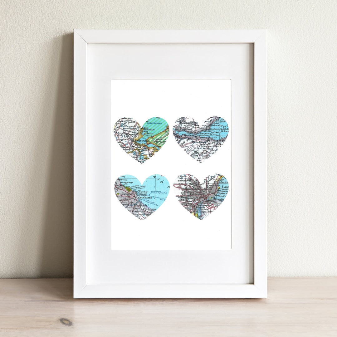 Four Heart Map Art Print. Print Only. NO Frame. You Select Locations ...
