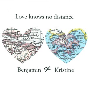 Love Knows No Distance Two Heart Map Art Print. Print Only NO Frame ...