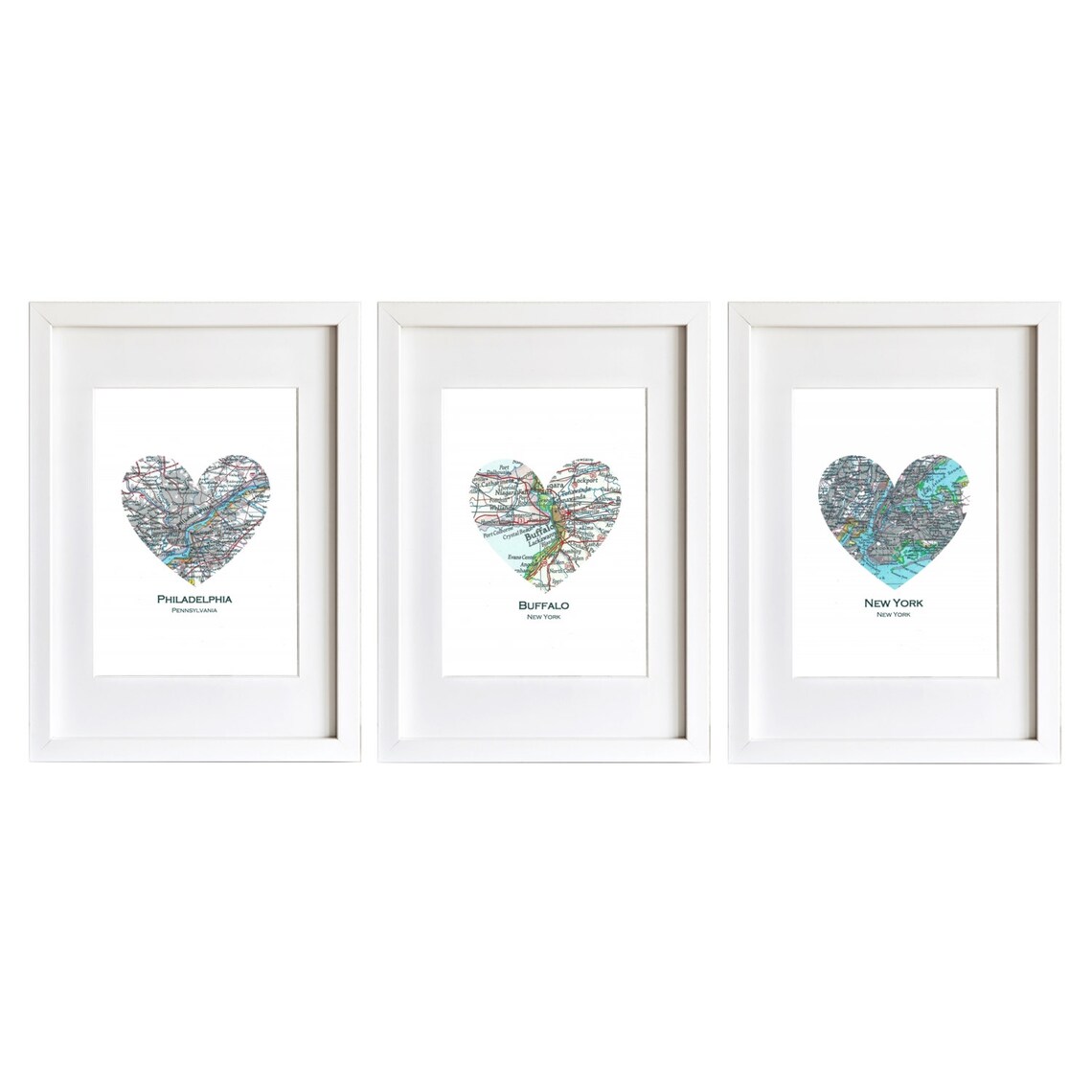 Set of THREE Custom Heart Map Art Prints. Prints Only NO - Etsy