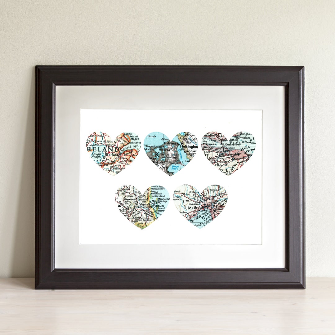 Five Map Heart Art Print. Print Only. NO Frame. You Select Locations ...