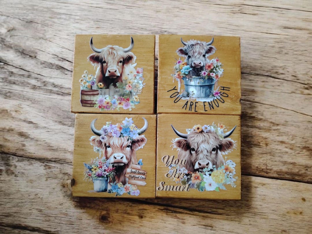 Highland Cow Wood Coasters Set |rustic Farmhouse Decor |floral Cow ...