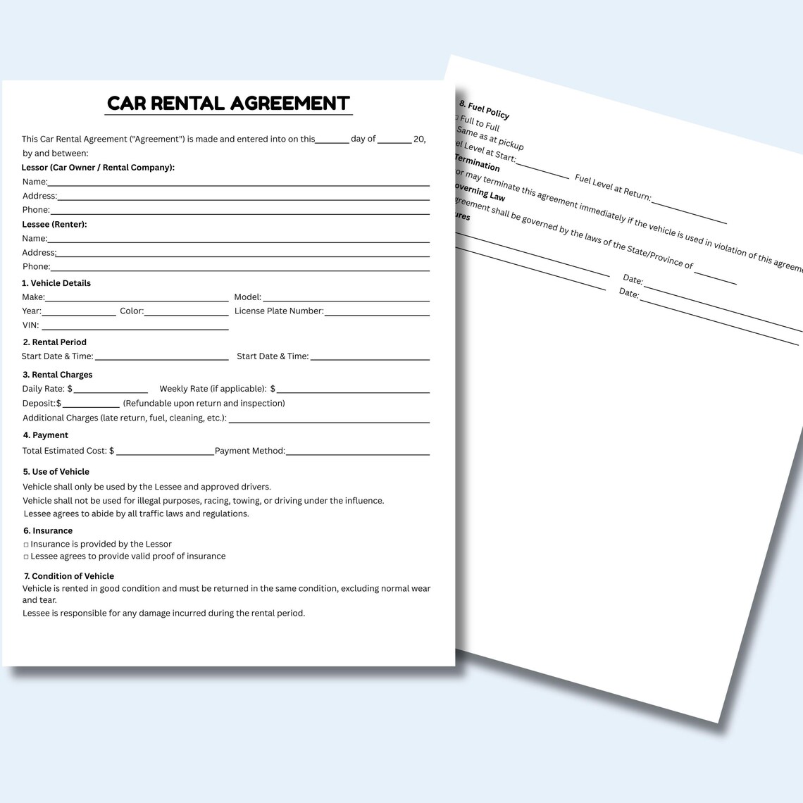Car Rental Agreement Template, Vehicle Rental Contract, Car Lease ...