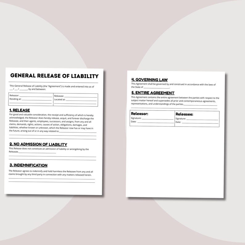 General Release, Hold Harmless, Risk Release, General Liability, Damage ...