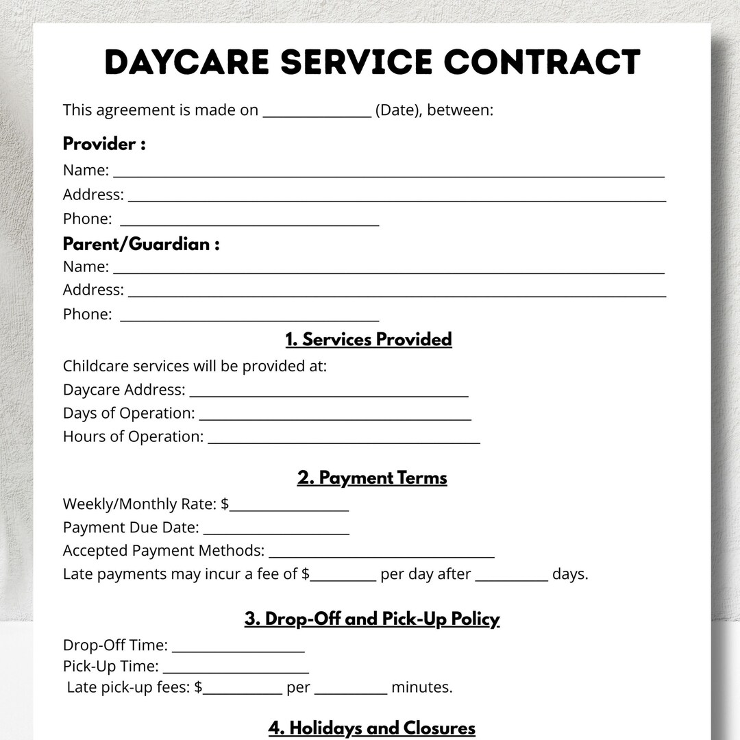 Daycare Contract, Daycare Forms, Childcare Forms, Daycare Agreement ...