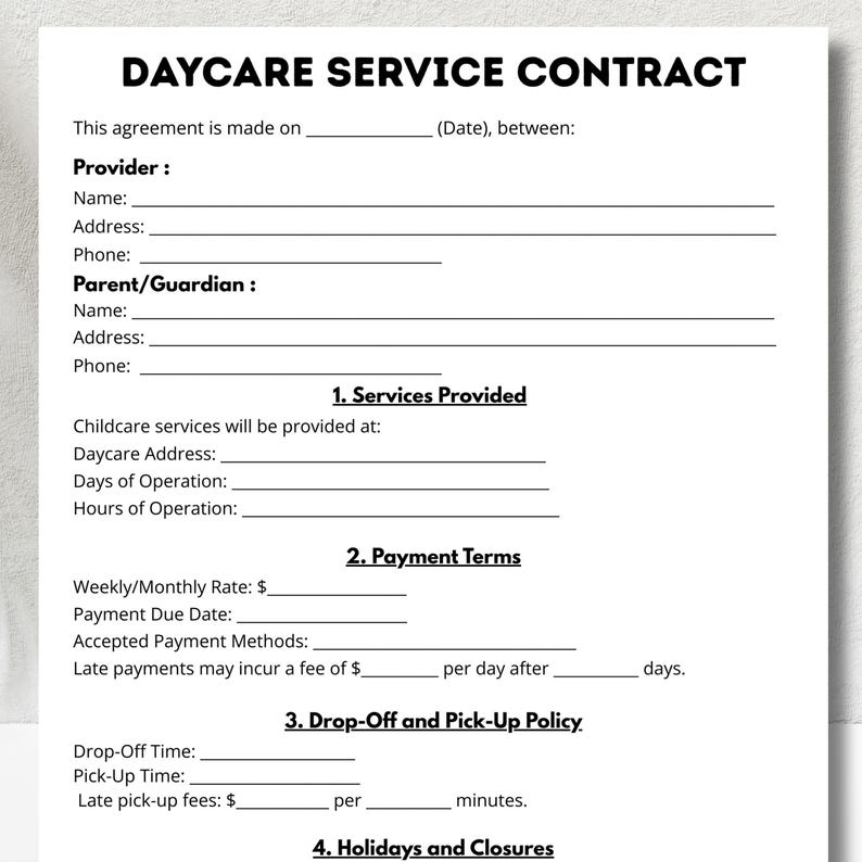 Daycare Contract, Daycare Forms, Childcare Forms, Daycare Agreement ...