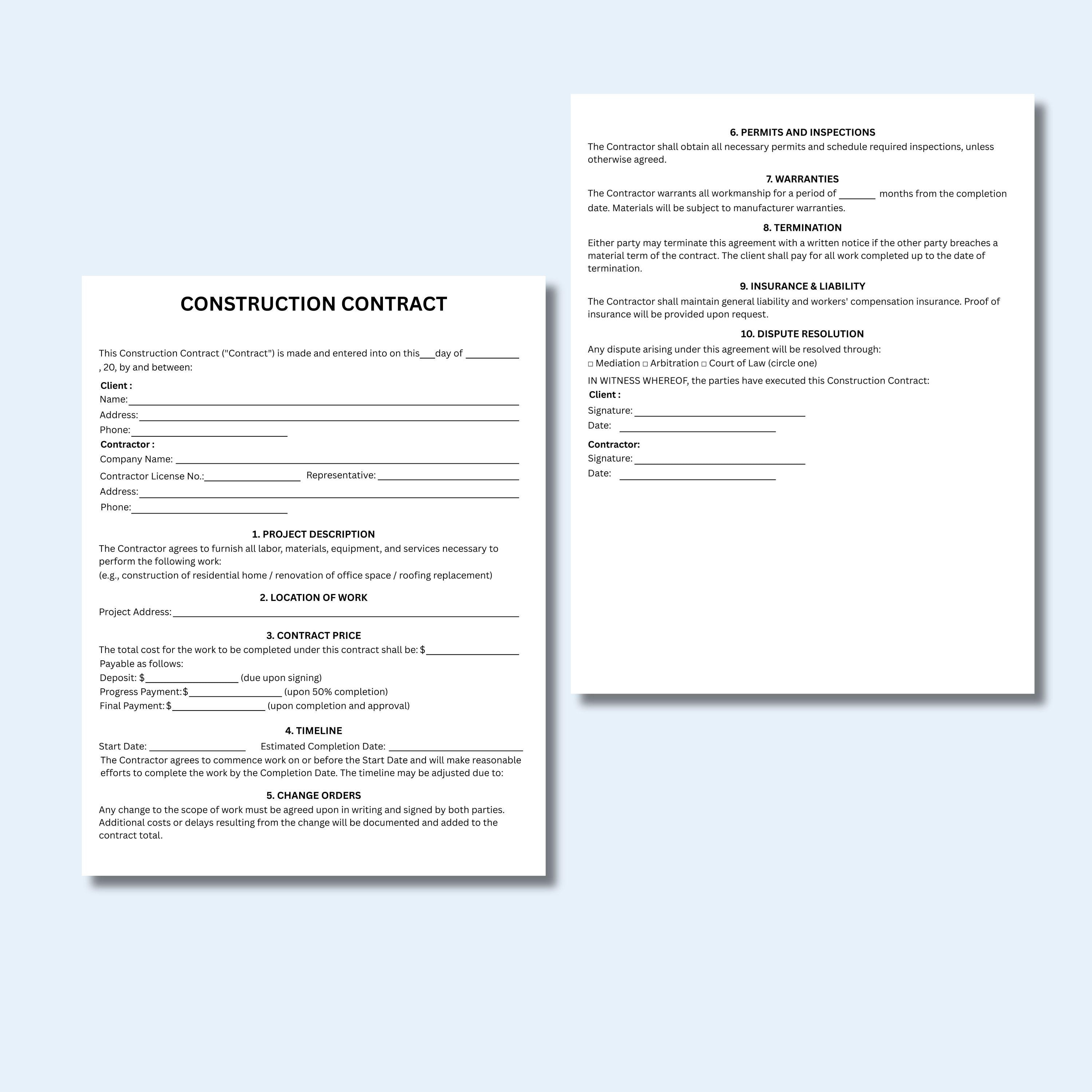 Editable Construction Work Contract Agreement Template | Contractor ...