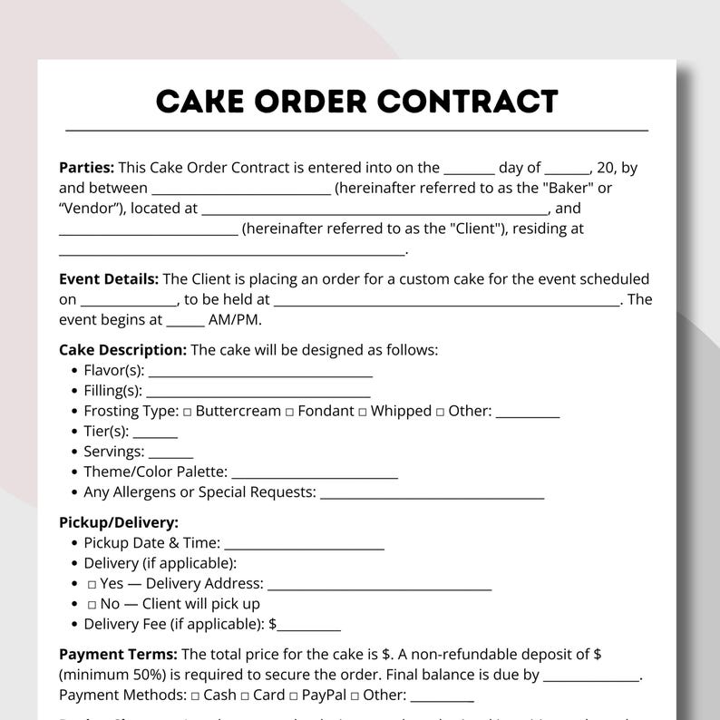 Cake Contract, Cake Order Contract, Contract Template, Editable ...