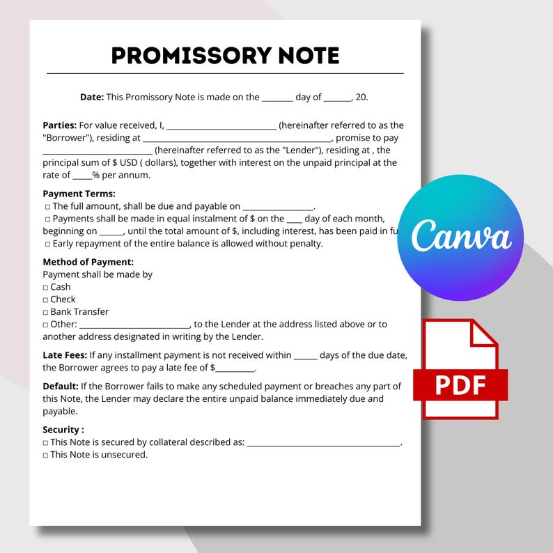 Promissory Note, Personal Loan, Loan Contract, Loan Agreement, Editable ...