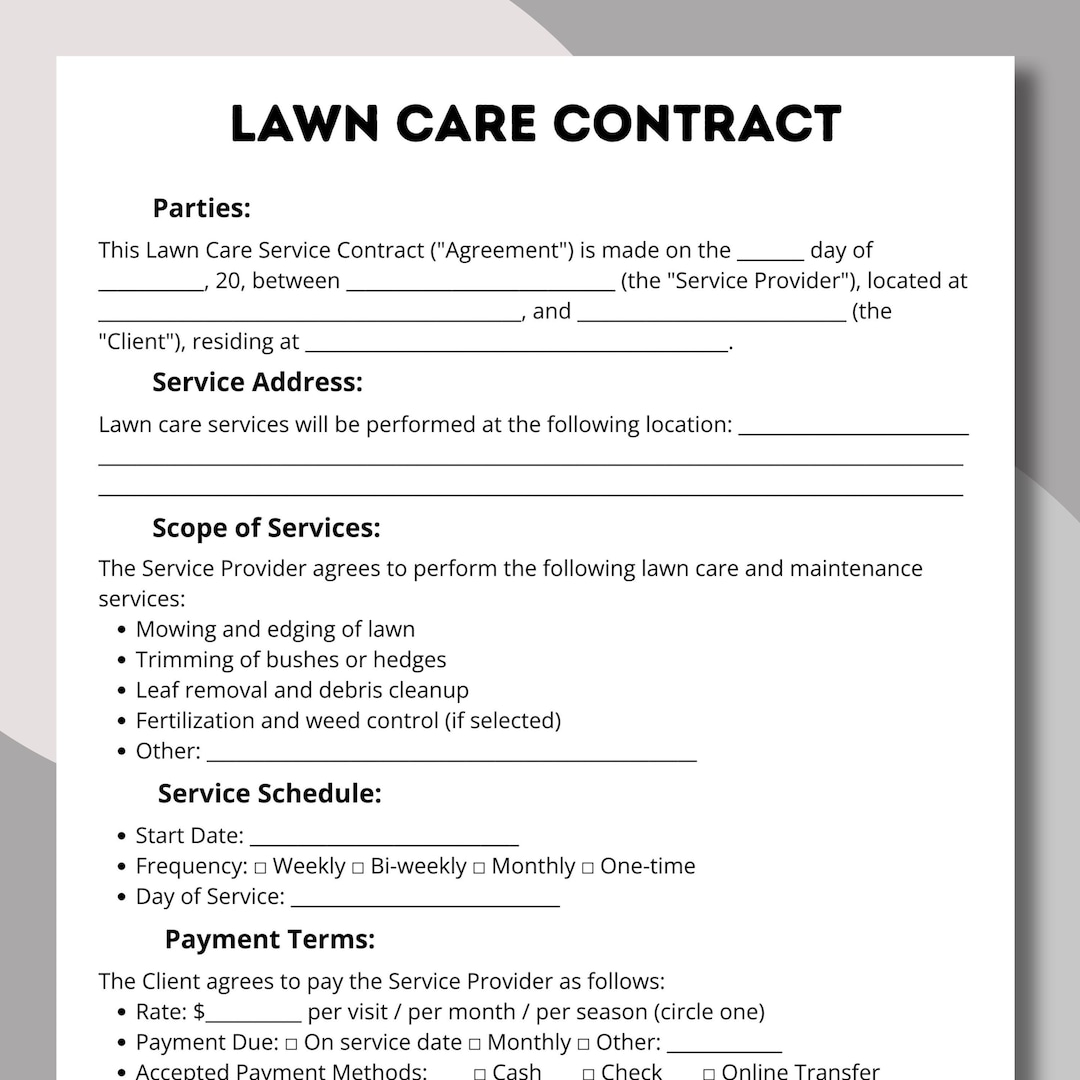 Lawn Care Contract, Landscaping Service Contract – Editable Agreement ...