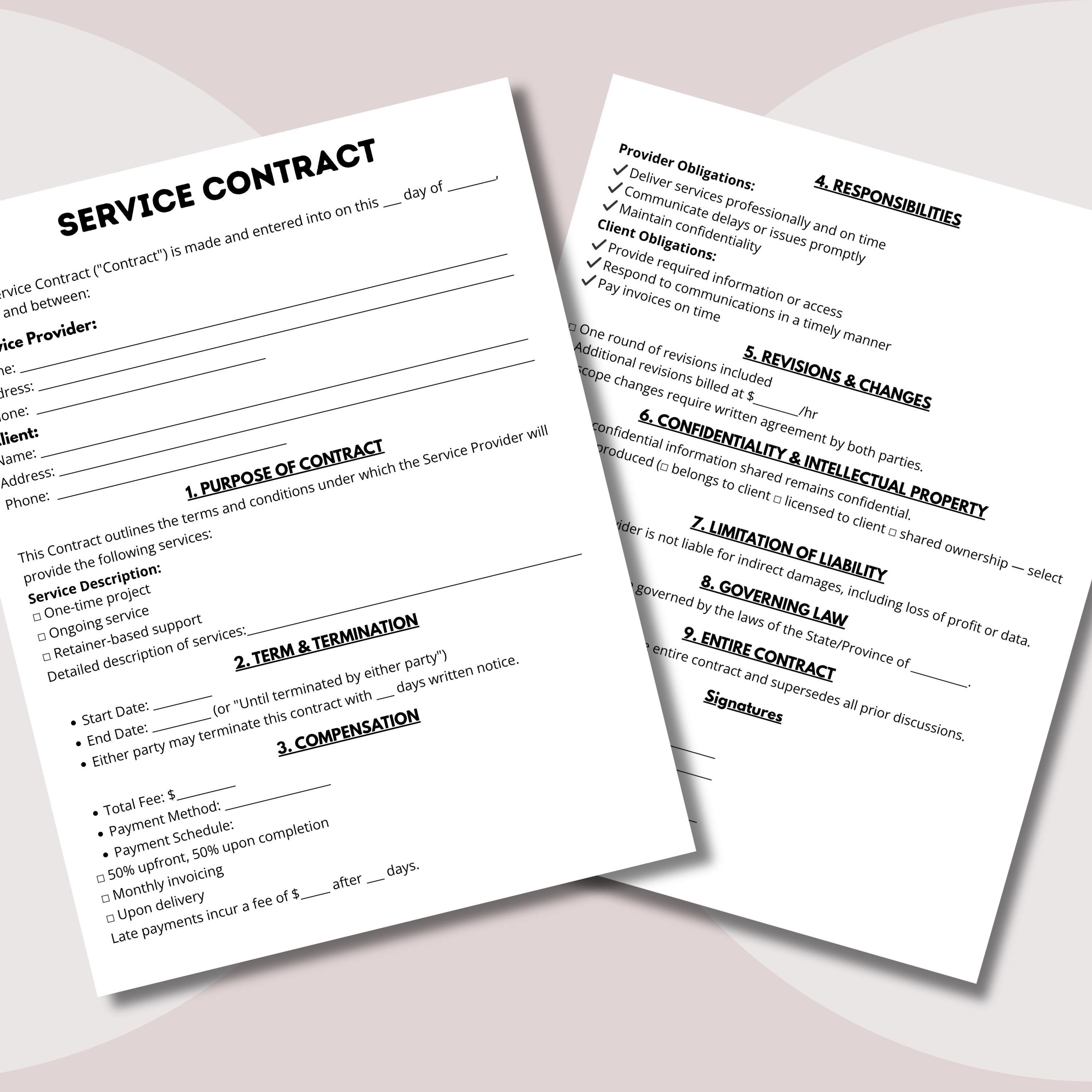 Service Contract, Contract Template, Service Form, Service Agreement ...