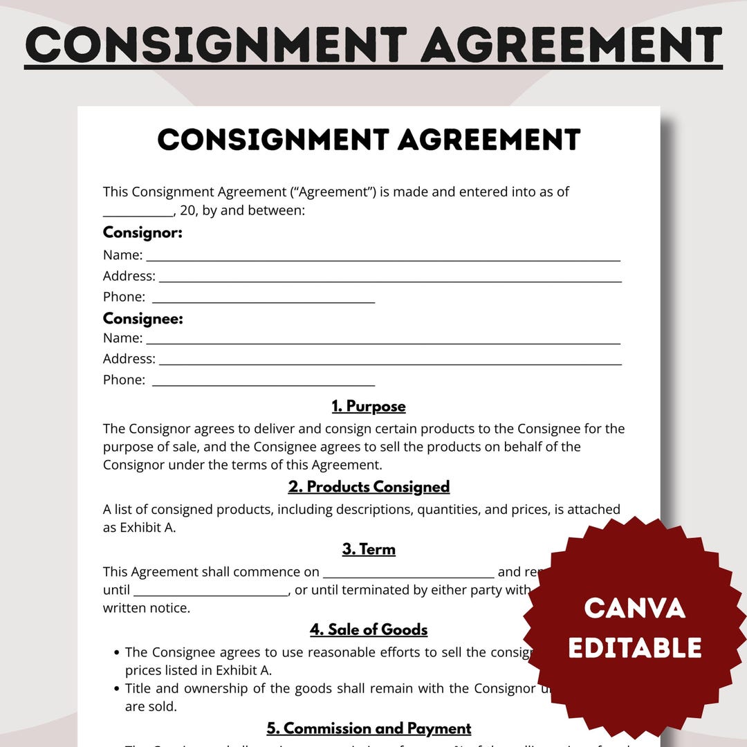Consignment Agreement & Resale Contract Template | Consignee Form ...