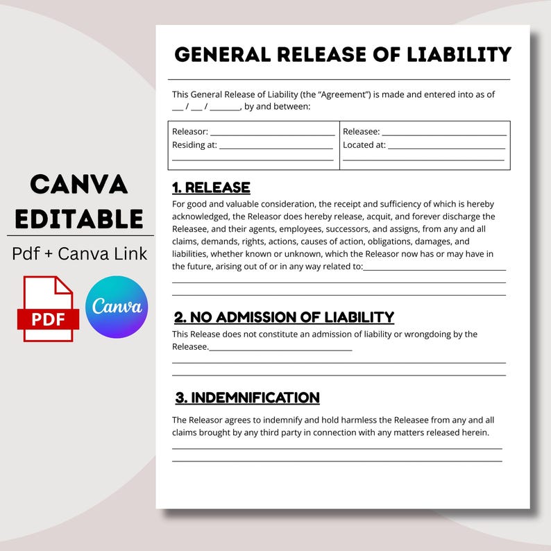 General Release, Hold Harmless, Risk Release, General Liability, Damage ...