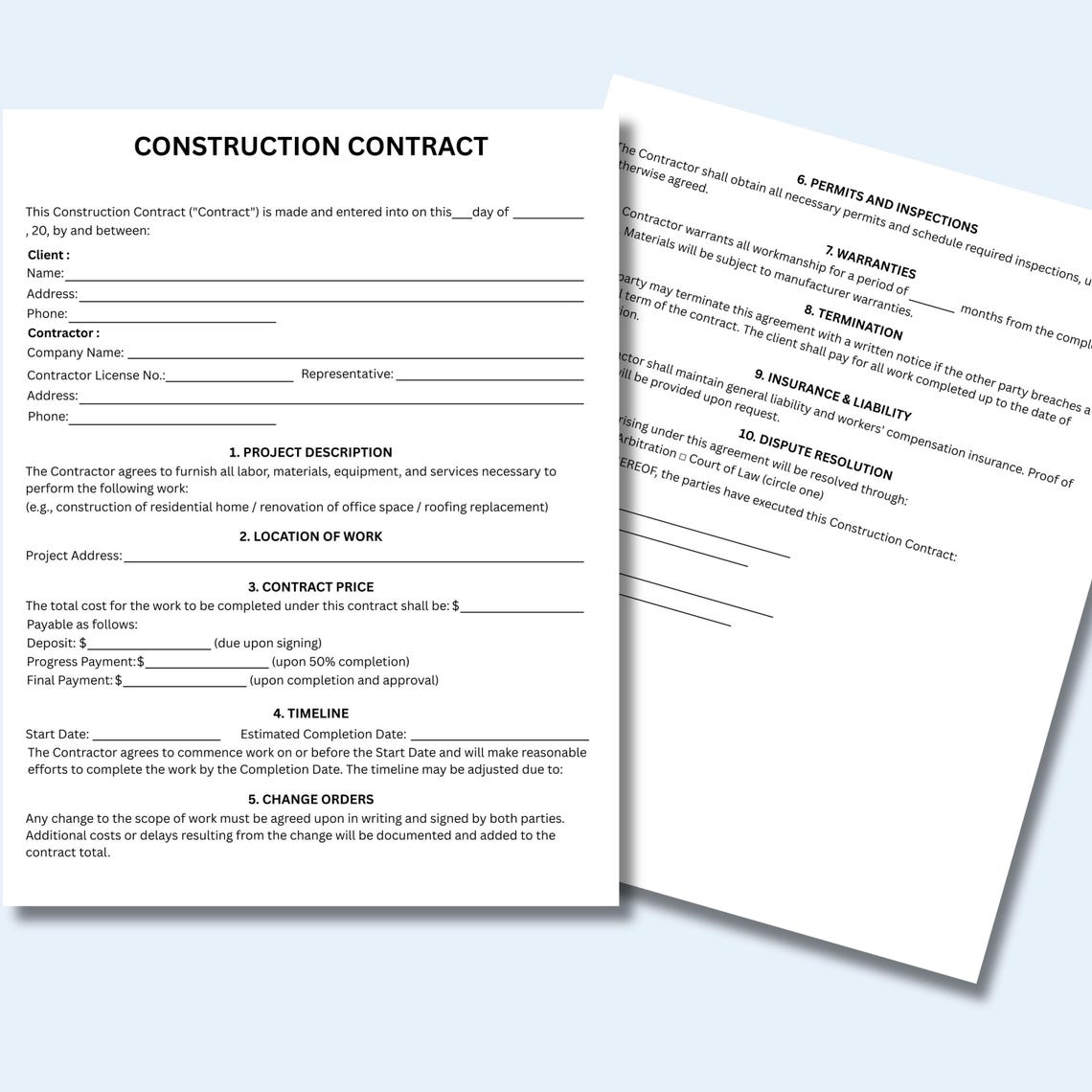 Editable Construction Work Contract Agreement Template | Contractor ...