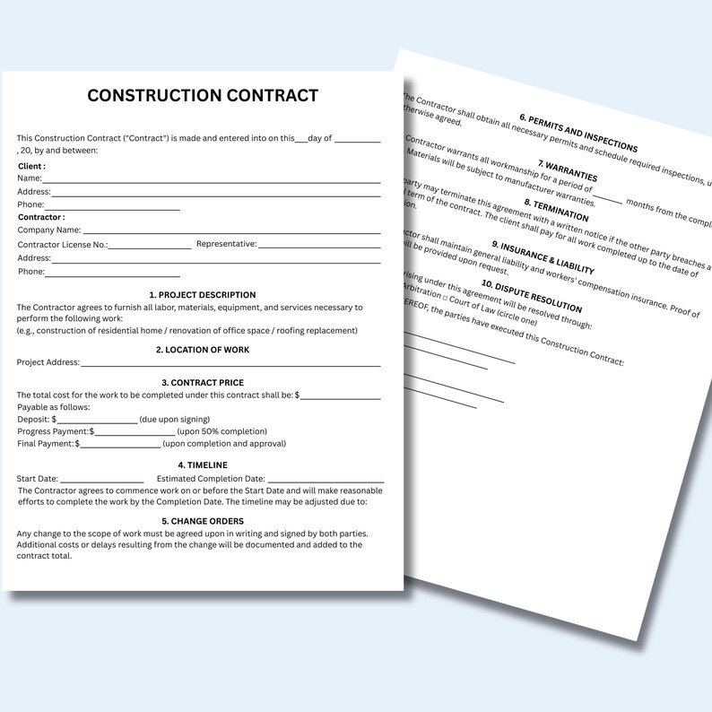 Editable Construction Work Contract Agreement Template | Contractor ...