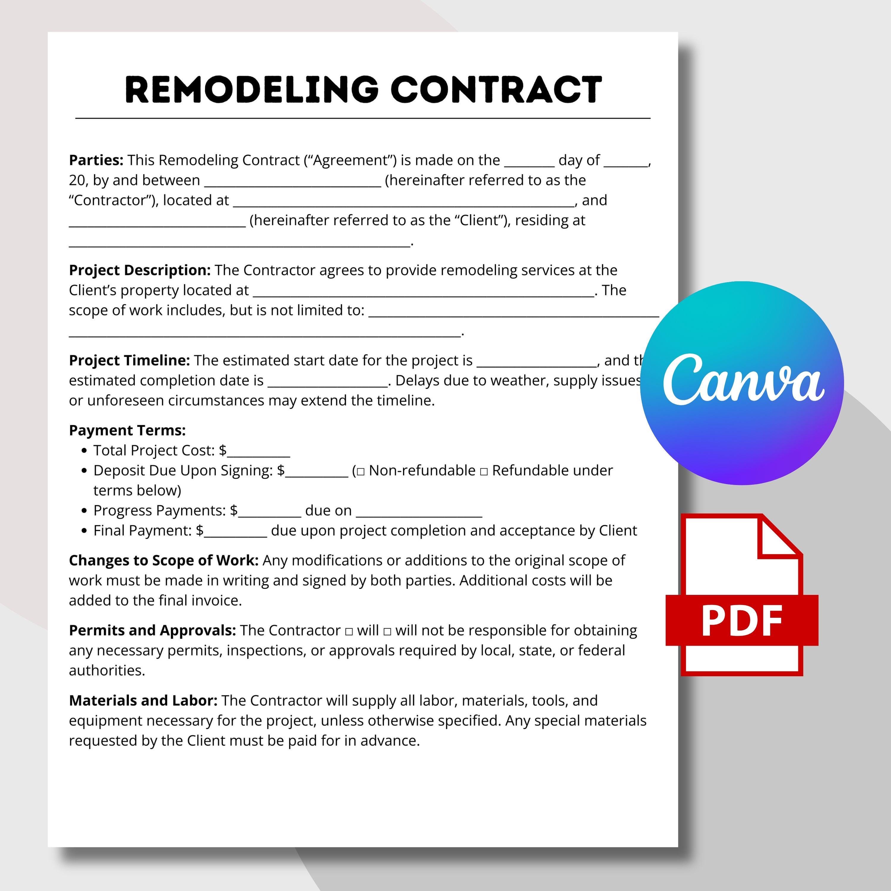 Remodeling Contract, Contract Template, Agreement Template, Contractor ...