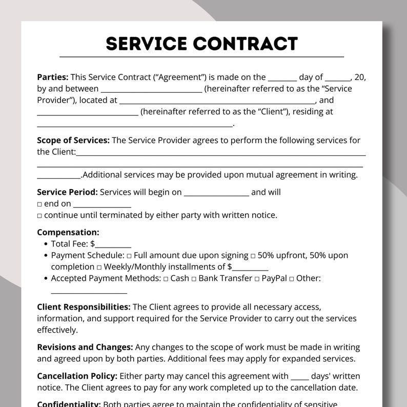 Service Contract, Contract Template,service Form, Service Agreement ...