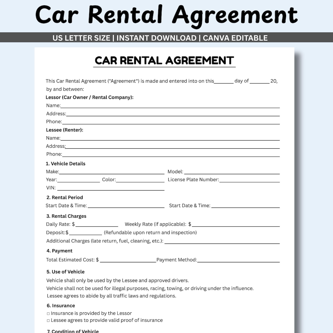 Car Rental Agreement Template, Vehicle Rental Contract, Car Lease ...