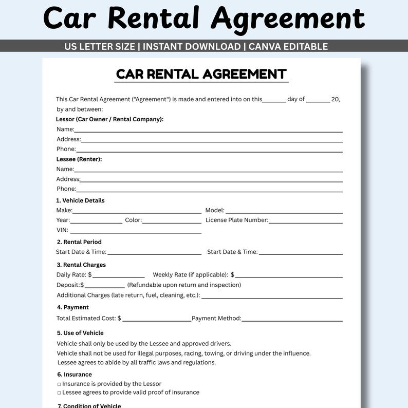 Car Rental Agreement Template, Vehicle Rental Contract, Car Lease ...