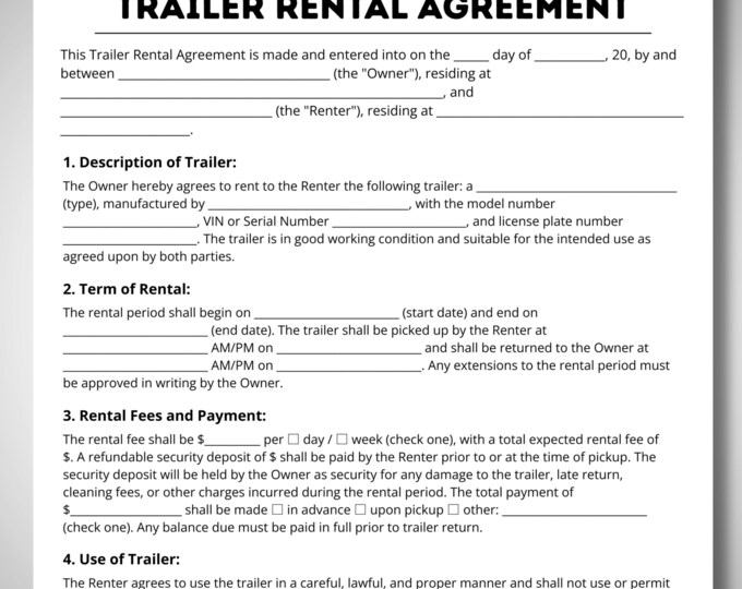 Trailer Rental Form, Trailer Agreement, Rental Contract, Rent Agreement ...