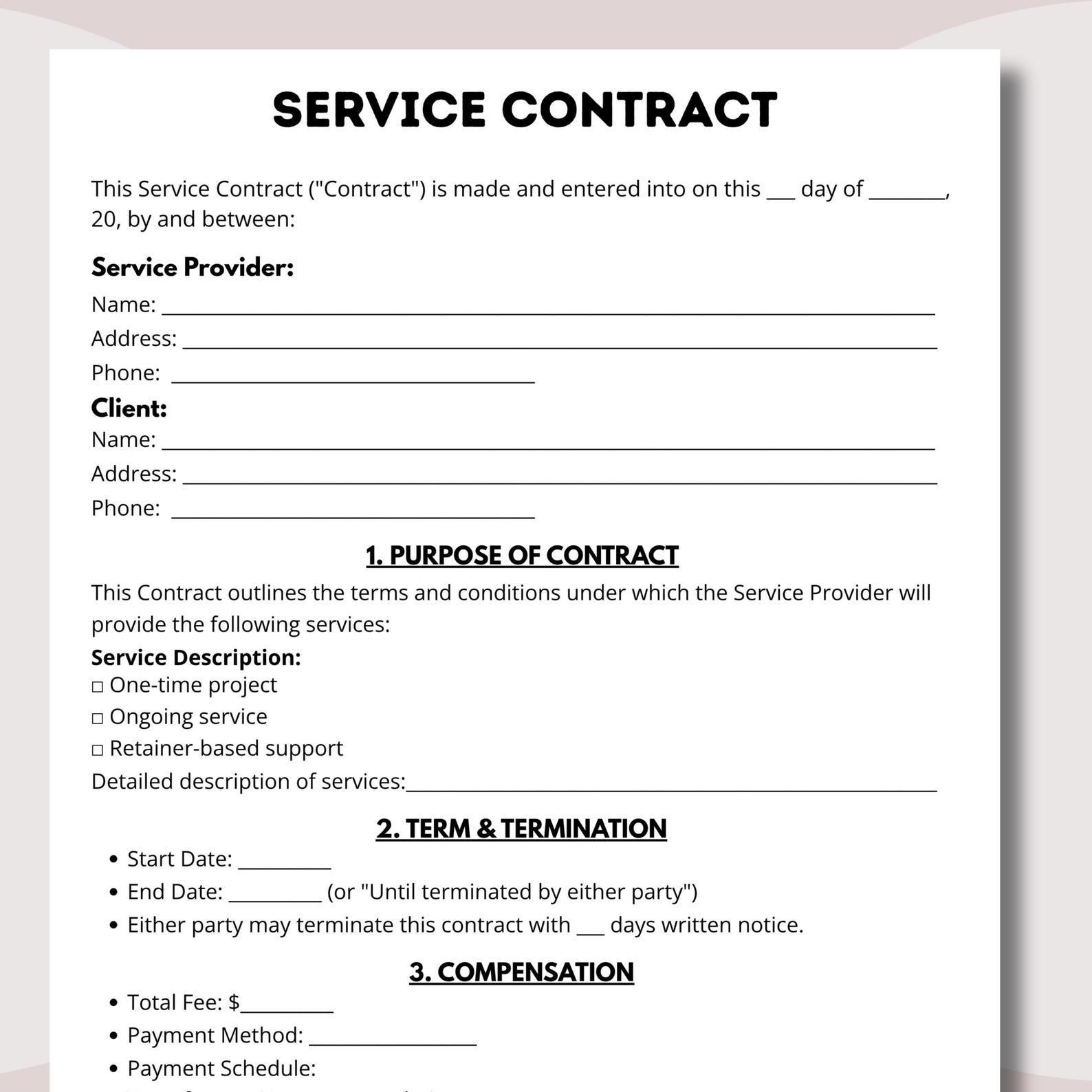 Service Contract, Contract Template, Service Form, Service Agreement ...