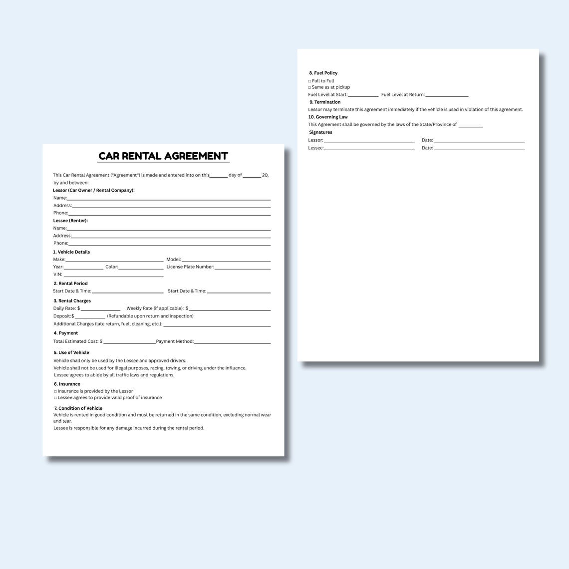 Car Rental Agreement Template, Vehicle Rental Contract, Car Lease ...