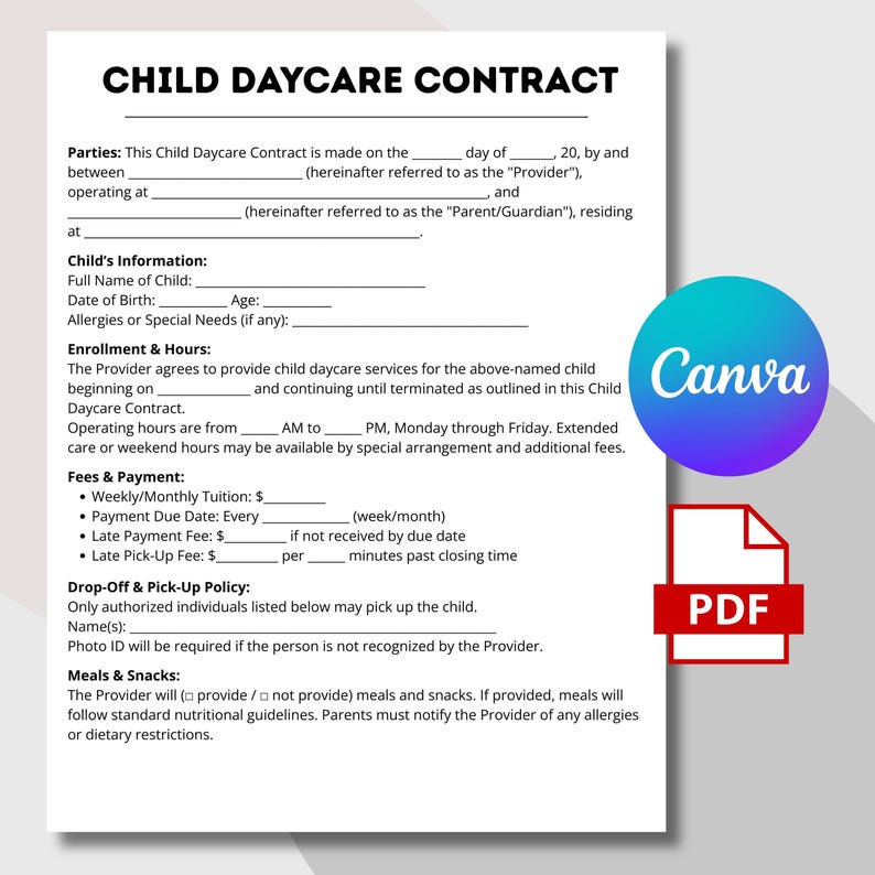 Child Daycare Contract, Daycare Agreement, Contract Template, Agreement ...