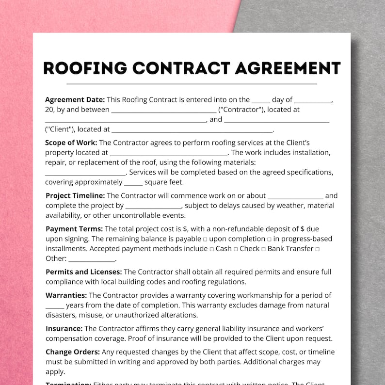 Roofing Contract Template | Roof Repair Agreement | Contractor Roof ...