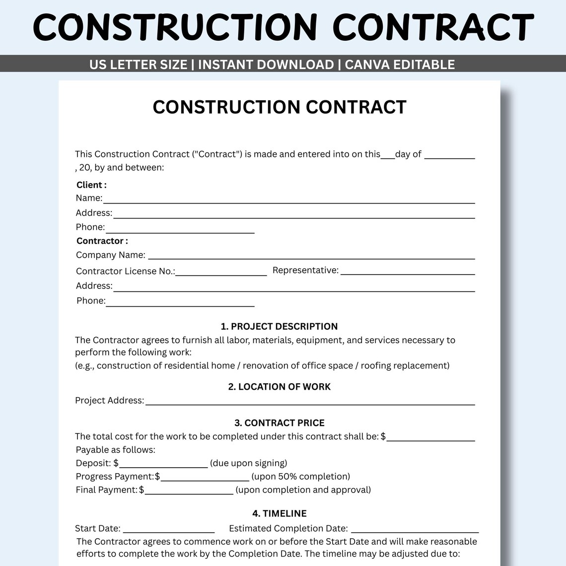 Editable Construction Work Contract Agreement Template | Contractor ...