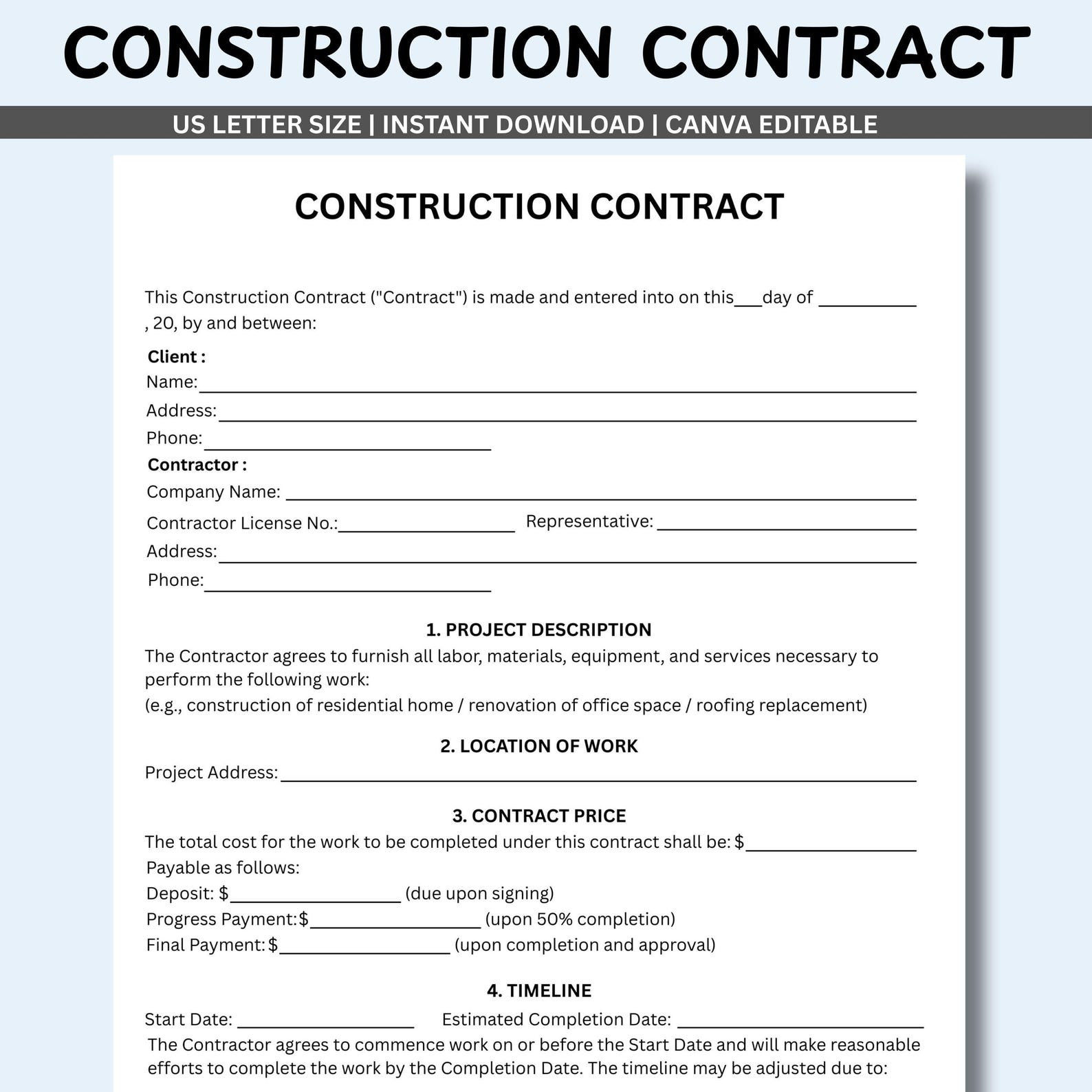 Editable Construction Work Contract Agreement Template | Contractor ...