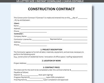 Editable Construction Work Contract Agreement Template | Contractor ...