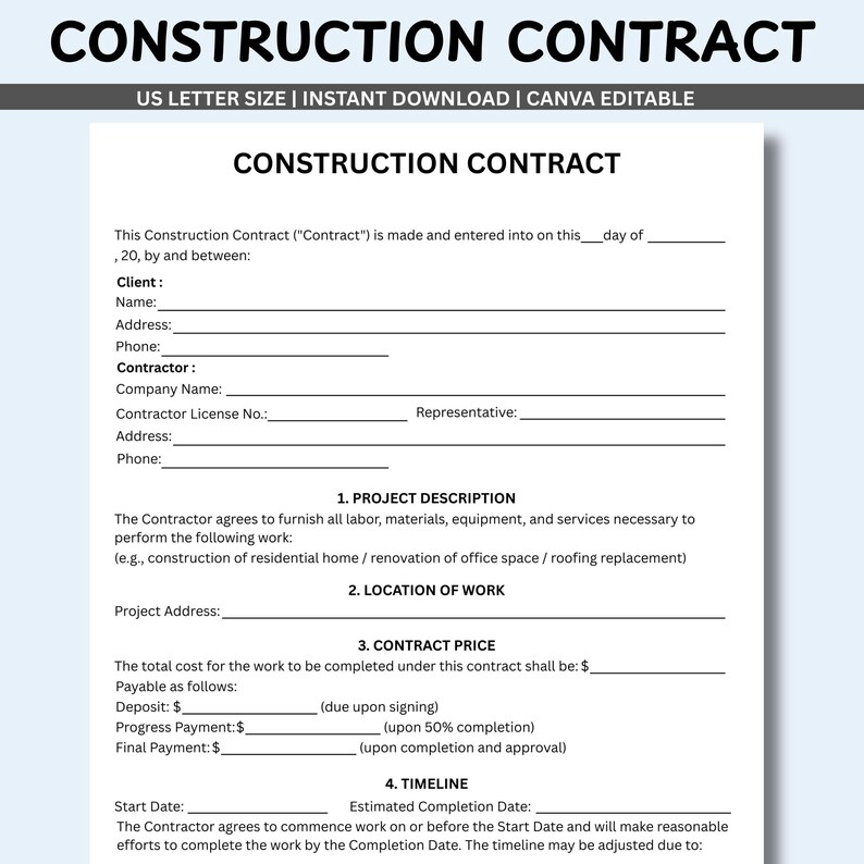 Editable Construction Work Contract Agreement Template | Contractor ...