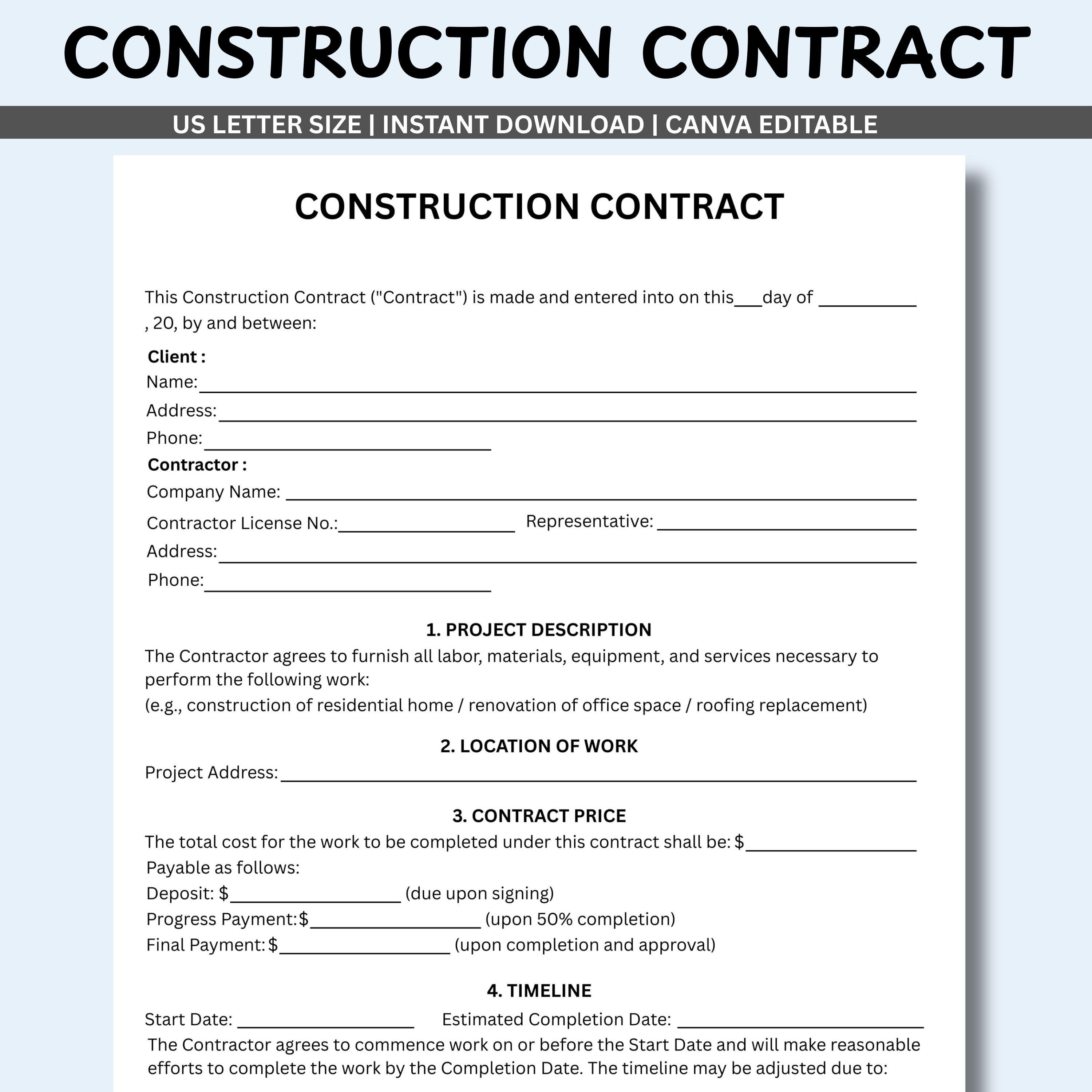 Editable Construction Work Contract Agreement Template | Contractor ...