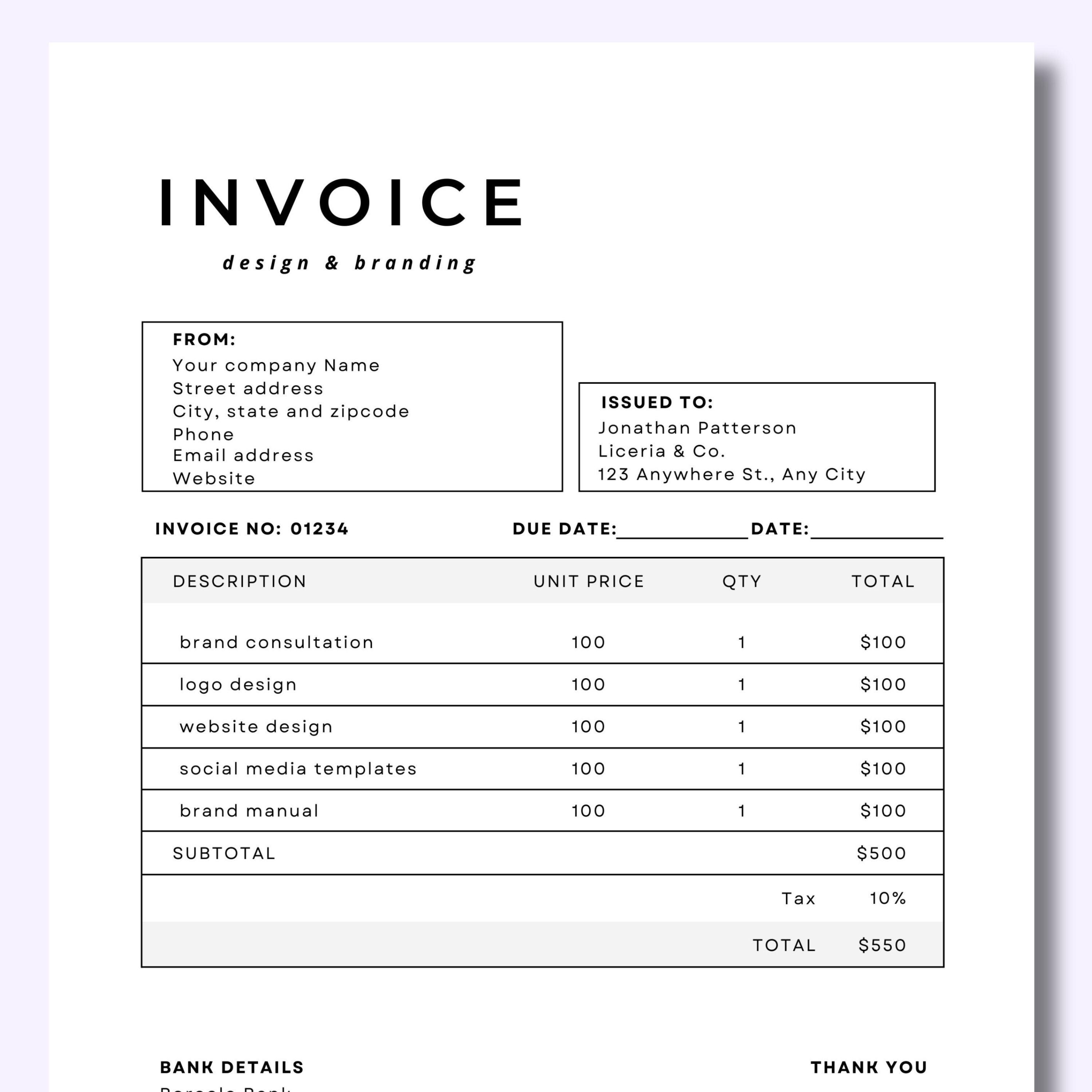 Invoice Form, Printable Receipt, Billing Template, Invoice Editable ...