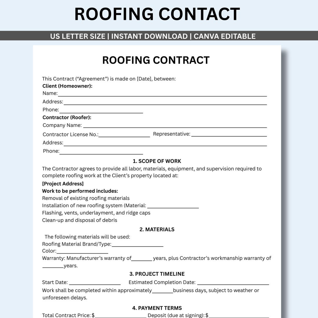 Roofing Contract Template | Roof Repair Agreement | Contractor Roof ...