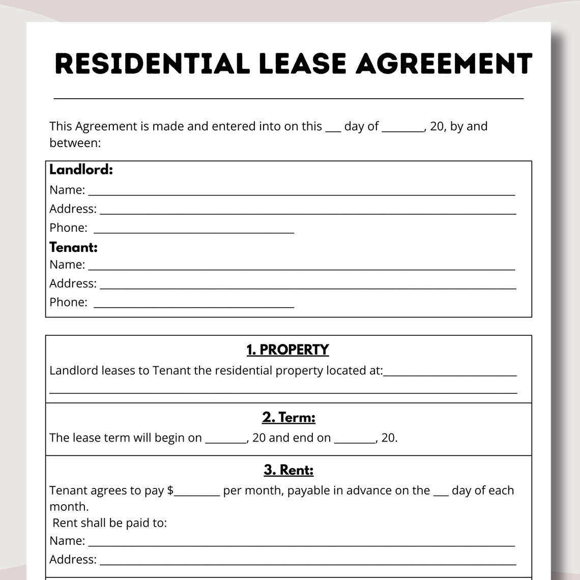 Residential Lease Agreement Template – Editable Rental Contract Form ...