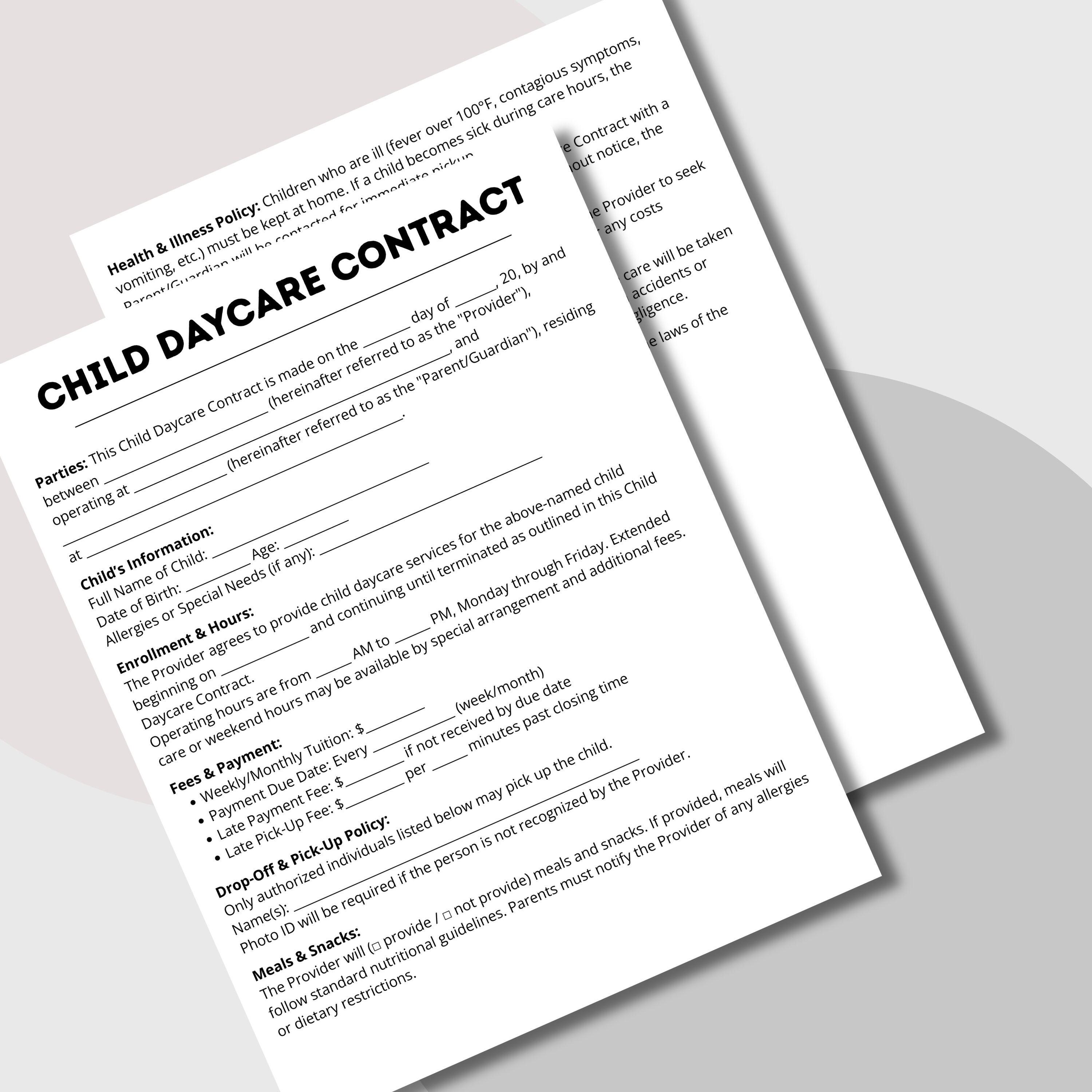 Child Daycare Contract, Daycare Agreement, Contract Template, Agreement ...