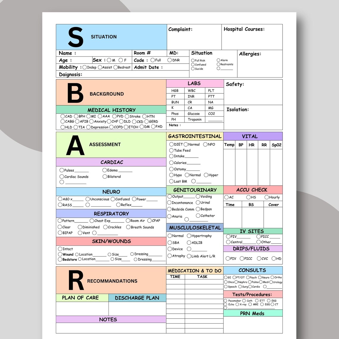 SBAR Nurse Report Sheet for Nursing Students | Med Surg Brain Sheet ...