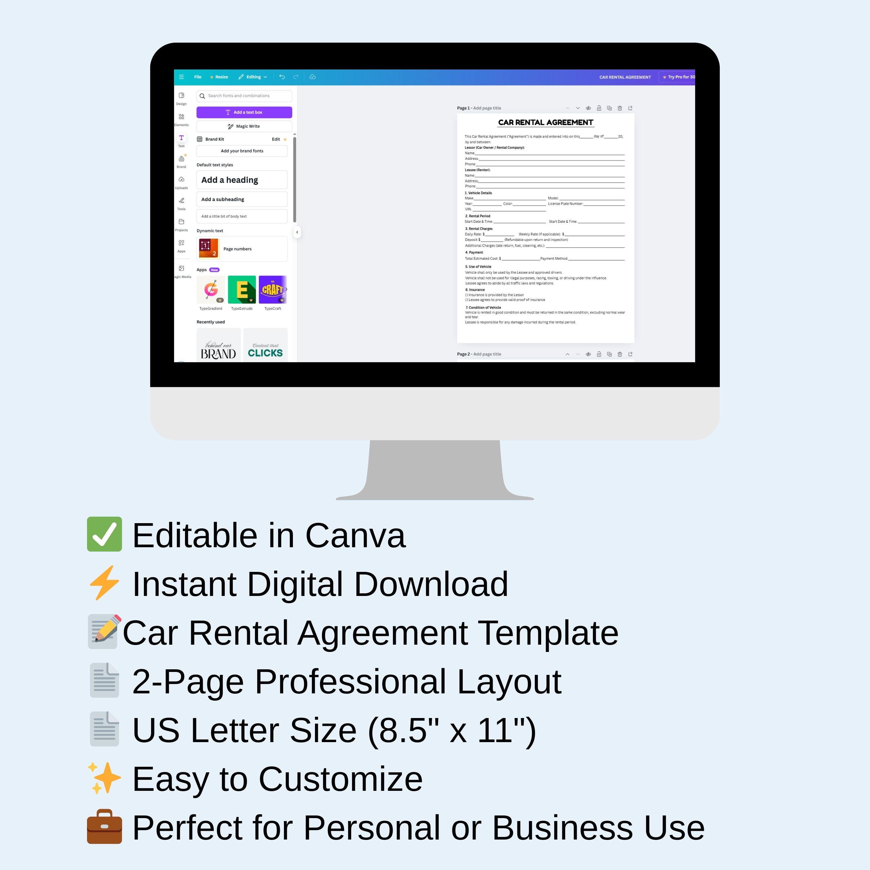Car Rental Agreement Template, Vehicle Rental Contract, Car Lease ...