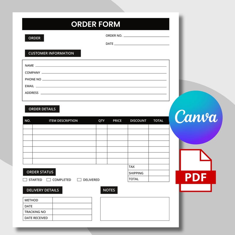 Order Form Template, Printable Fillable, Order Form For, Small Business, Planner Online ...